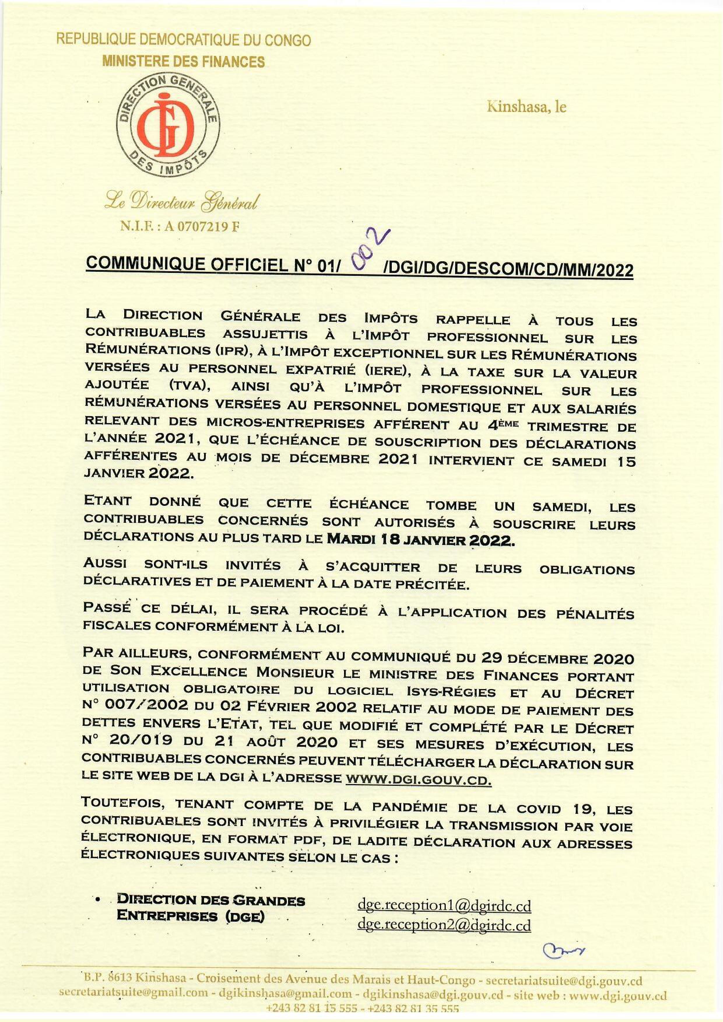 RDC : la DGI fixe au 18 janvier 2022 la date limite de paiement de l'IPR, l'IERE et la TVA | DeskEco